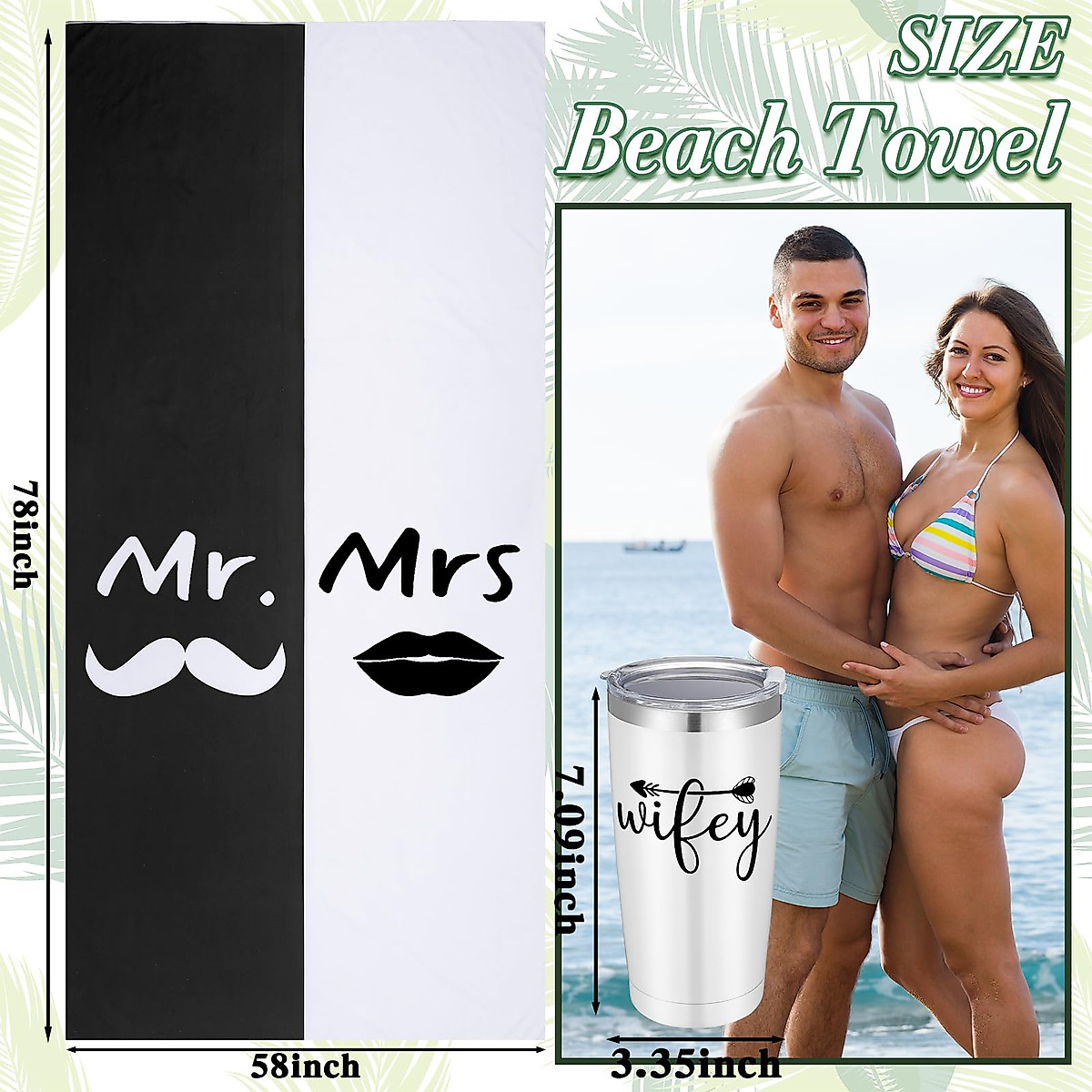 Rtteri 14 Pieces Wedding Gifts for Couple Mr and Mrs Honeymoon Gifts Bride and Groom Gifts Include Wedding Towels 20 oz Wine Tumbler Hat Passport Holder Baggage Tag Glass Bottle Honeymoon Tote Bag