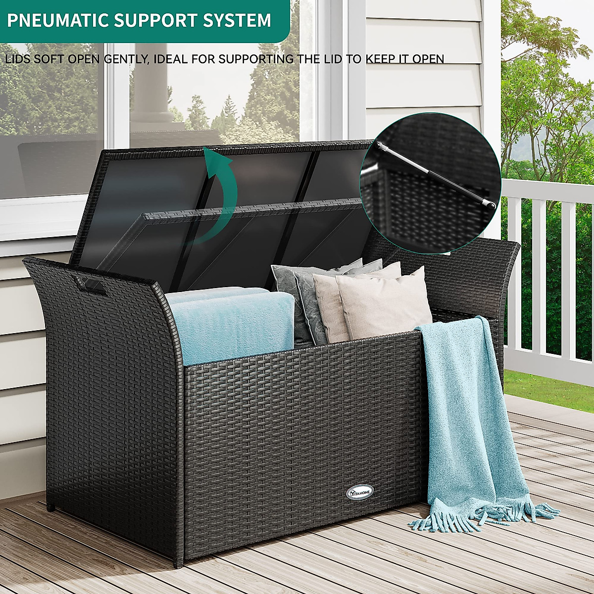 YITAHOME 90 Gallon Outdoor Wicker Storage Bench w/Cushion, Large PE Rattan Deck Storage Box w/Handles & Hydraulics for Patio Furniture, Cushions, Garden Tools, Pool & Sports Equipment, Black&Beige