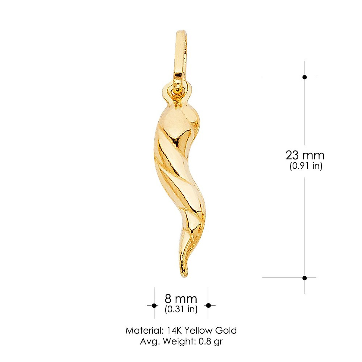 Ioka - 14K Yellow Gold Twisted Cornicello Italian Horn Charm Small Size Good Luck Pendant For Necklace or Chain