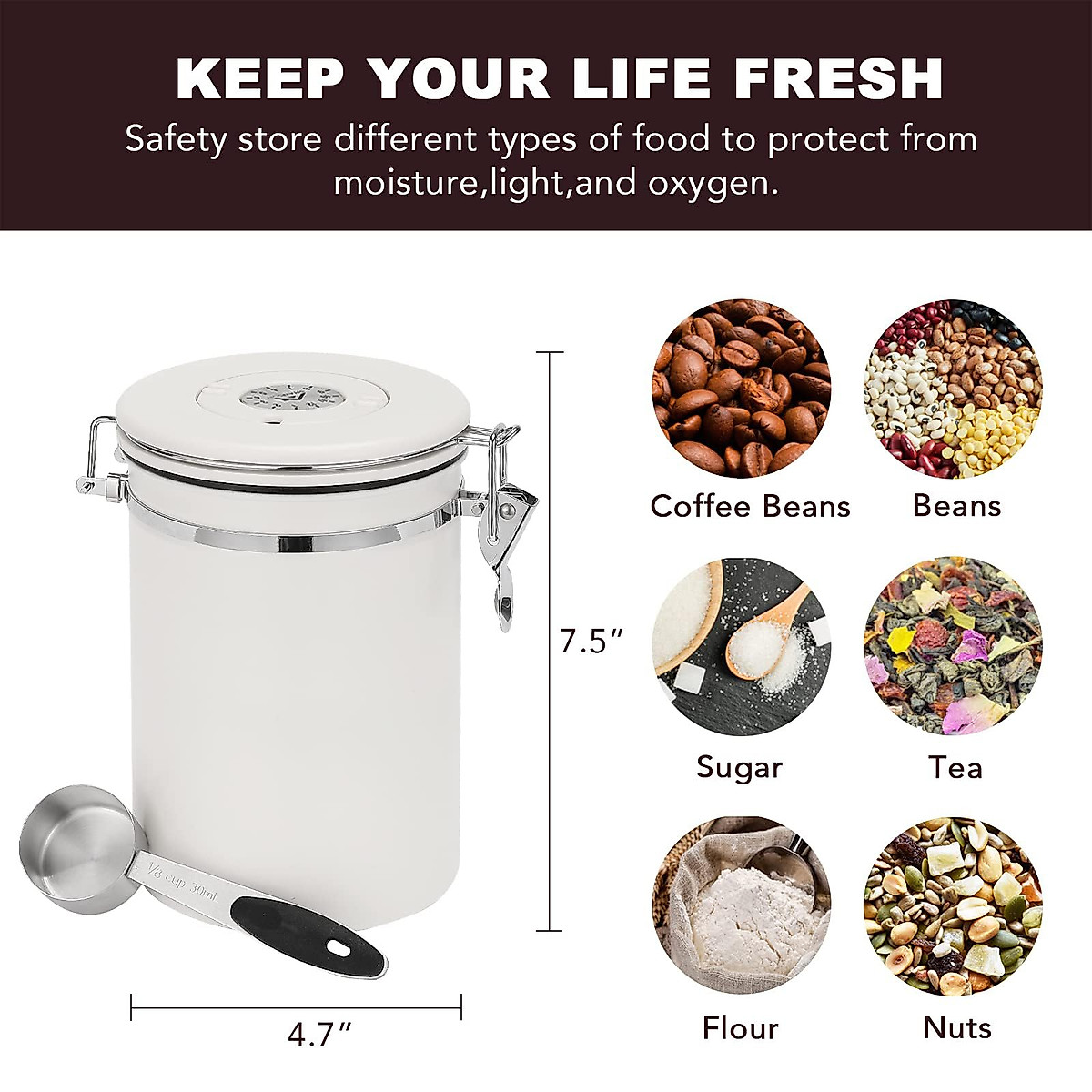 ShanSon Coffee Canister Airtight Coffee Container Stainless Steel Coffee Bean Storage Container with Scoop Coffee Canister for Beans Grounds Sugar Flour Tea Cereal,22OZ, White