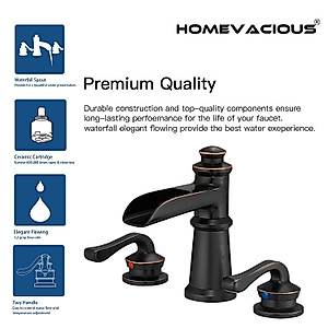 Homevacious Widespread Bathroom Faucet Oil Rubbed Bronze Waterfall 2-Handle with Pop up Drain Assembly Farmhouse 3 Holes 8-16 Inch Sink Rustic Mixer Tap Overflow Commercial Supply Lead-Free
