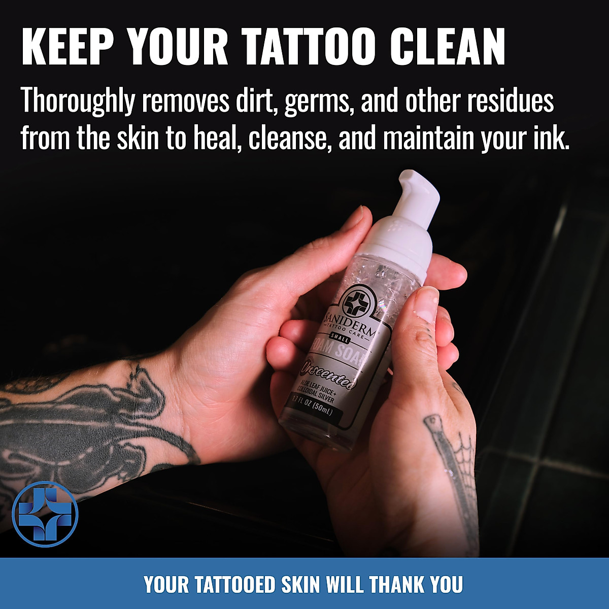 Saniderm Foaming Tattoo Soap (8.45oz Home Size) – Gentle Soap for Tattooed Skin, Infused with Antimicrobial Colloidal Silver, Aloe Vera, and Nourishing Sea Buckthorn Oil