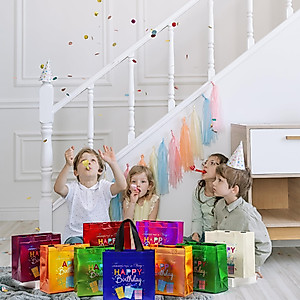 cabzymx 18 Pcs Multicolor Small Birthday Gift Bags Set with 9 Colors, Funny Gift Design Reusable Birthday Presents Bags Bulk with Bases, 8 x 3.9 x 8 In Party Goodie Bags for Baby, Girls, Boys