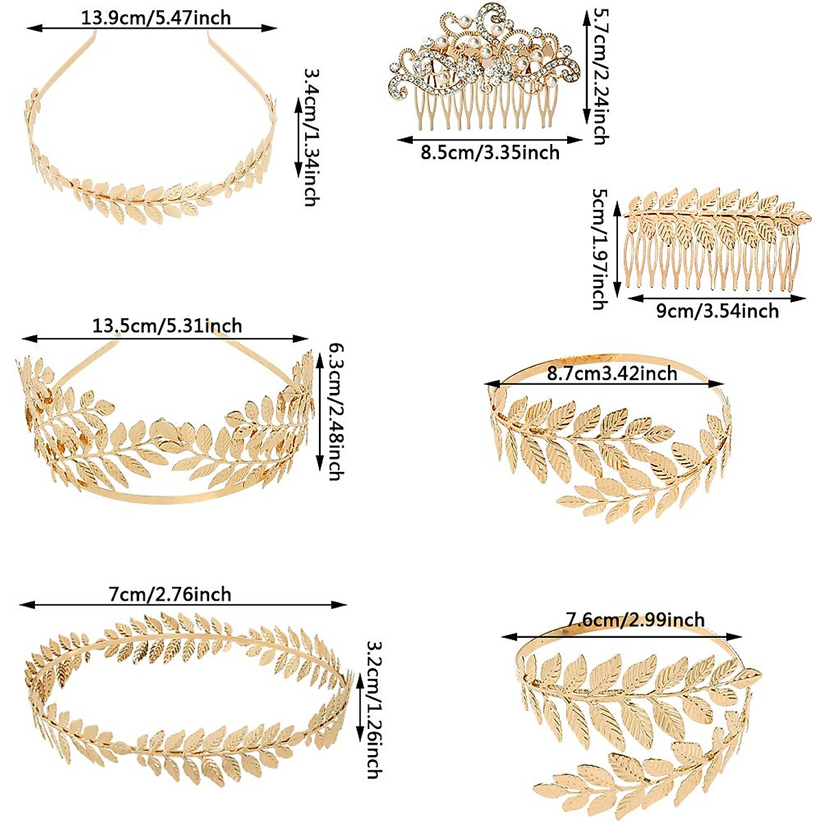 OFNMY 7 Pieces Greek Roman Laurel Leaf Bracelet Armband Golden Laurel Leaves Crown Tiara Costume Accessories Womens Leaf Headband Coil Bracelet Hair Comb Bridal Wedding