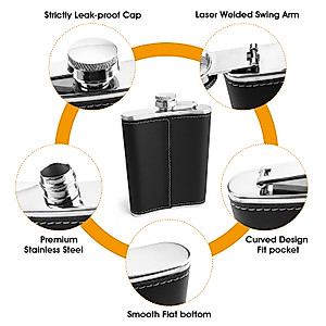 Hip Flask with Funnel, 8 oz Stainless Steel Whiskey Flask Portable Pocket Hip Flask for Men 100% Leak Proof Pocket Flask for Climbing Camping Barbecue Bar Party Drinker Black