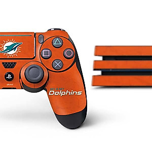 Skinit Decal Gaming Skin Compatible with PS4 Pro Console and Controller Bundle - Officially Licensed NFL Miami Dolphins Distressed- Orange Design