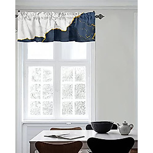 Window Curtain Valances for Kitchen Windows,Natural Marble Abstract Texture Rod Pocket Short Window Valance White Navy Blue Stone with Gold Line Cafe Treatment Valance for Living Room/Bedroom,54x18in