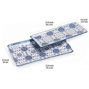Bico Blue Talavera Ceramic 14 inch Rectangular Serving Platter, Set of 2, for Serving Salad, Pasta, Cheese, Ham, Appetizer, Microwave & Dishwasher Safe