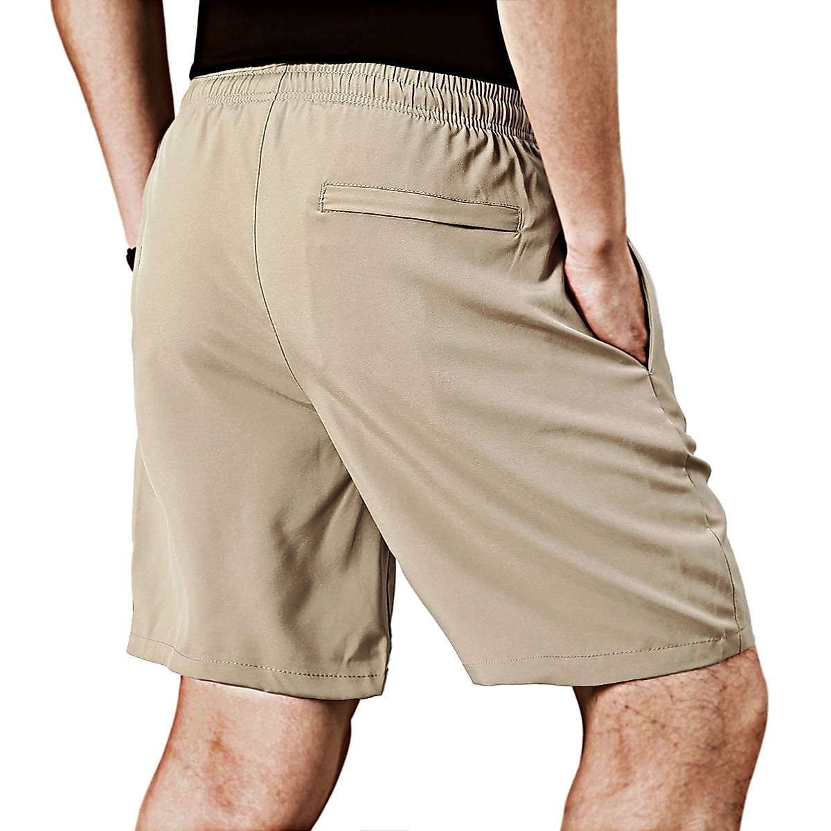 EXEKE Men's Quick Dry Running Shorts Lightweight Gym Workout Shorts with Zipper Pockets 252-3XL/Khaki 34-36
