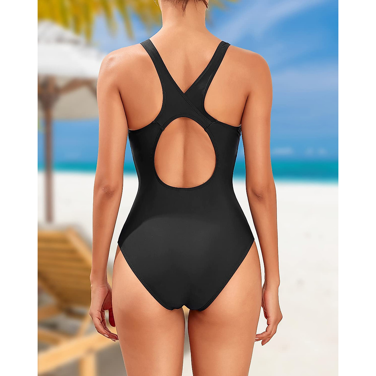 Tempt Me Black Women Athletic One Piece Swimsuits Sporty Racerback Bathing Suits Full Coverage Modest Swimwear M