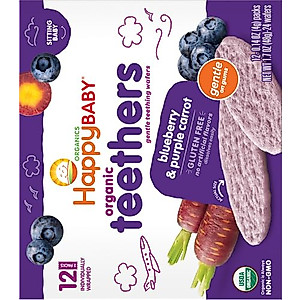 Happy Baby Gentle Teethers Organic Teething Wafers Blueberry Purple Carrot, 0.14 Ounce Packets (Box of 12) Soothing Rice Cookies for Teething Babies Dissolves Easily, Gluten Free No Artificial Flavor