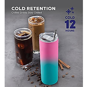 FineDine Insulated Skinny Stainless Steel Tumbler Set - 4-Pack 20oz Tumbler with Straw - Travel Mug With PBA Free Lids - Slim Vacuum Keep Hot and Cold - For Home, Office. (Pacific Blue Rose Blend)