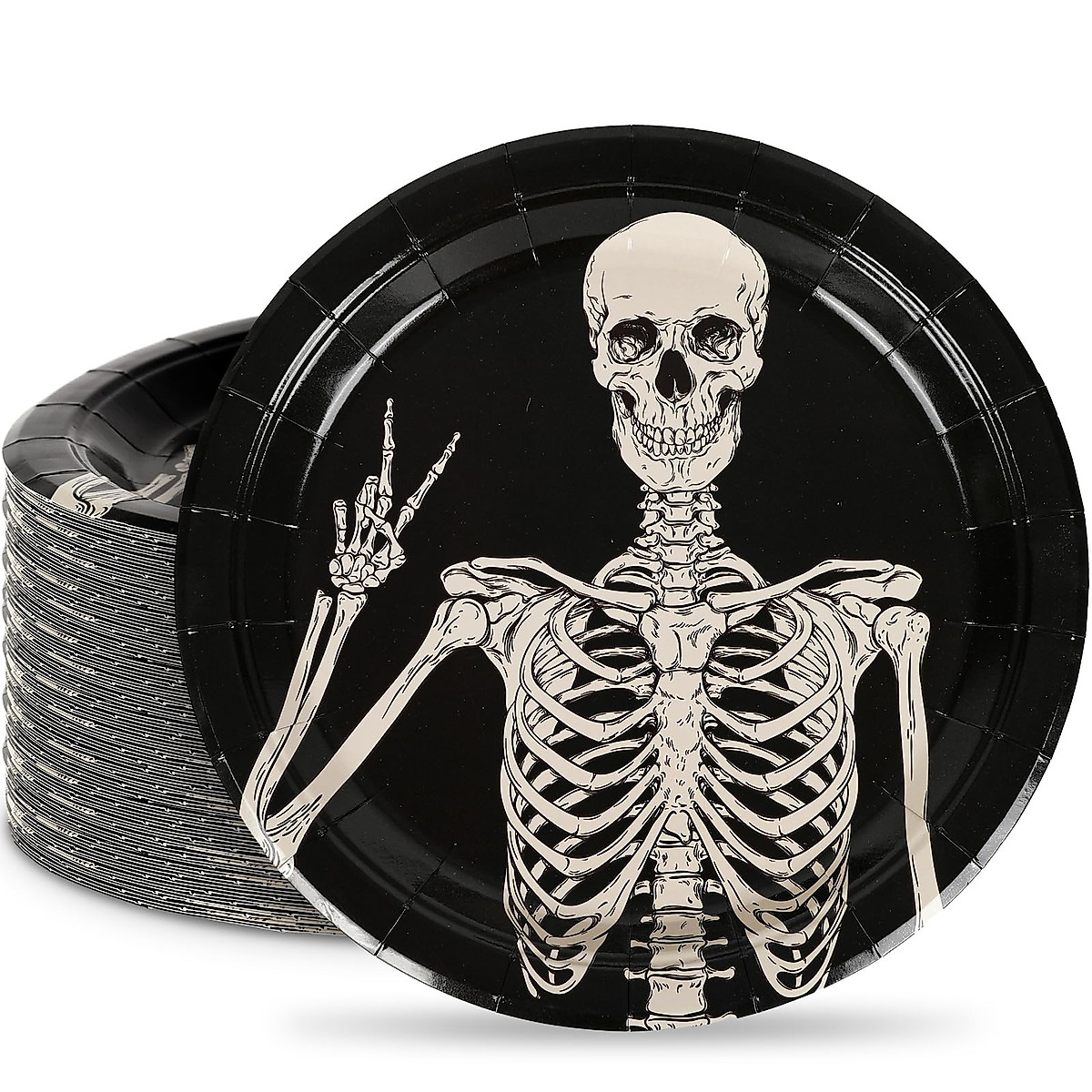 AnyDesign Halloween Paper Plates Disposable Spooky Skeleton Plates 9 Inch Decorative Tableware Dessert Plates for Holiday Party Decor Supplies, 24Pcs
