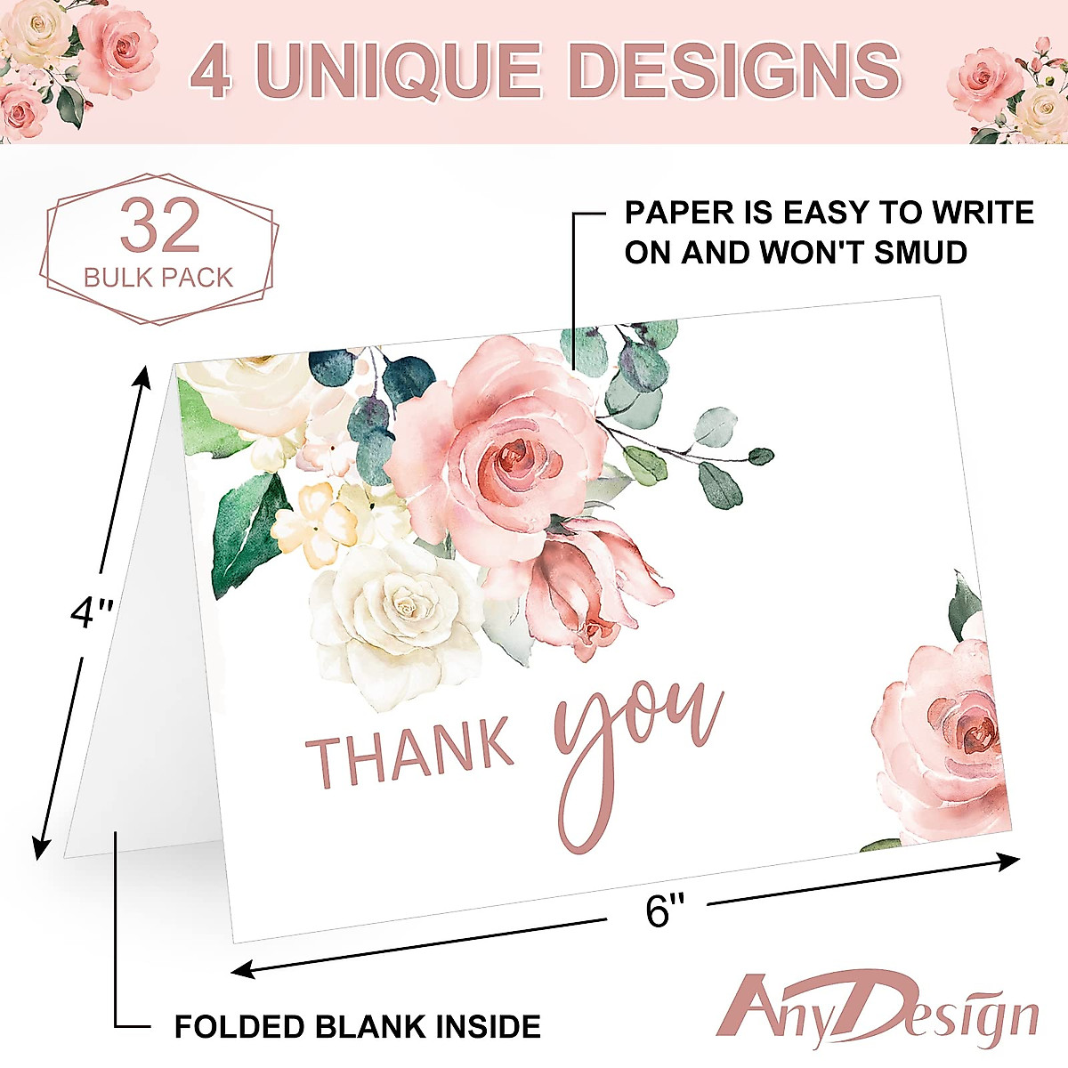 AnyDesign 32 Pack Thank You Cards with Envelopes Stickers Blush Floral Blank Note Cards Bulk 4 Design Flower Thank You Greeting Cards for Wedding Baby Shower Bridal Shower and All Occasions, 4 x 6