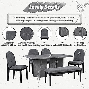 Prohon 6-Piece Set with Faux Marble Table and 4 Upholstered Dining Chairs & 1 Bench, Modern Style Furniture for Small Space, Kitchen, Living Room, Breakfast Nook, Gray