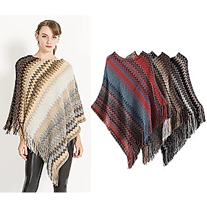 StylesILove Women Autumn Winter Knitted Zig-Zag Pullover Fringe Poncho Sweater Soft Wrap Cape Lightweight Shawl (Black)