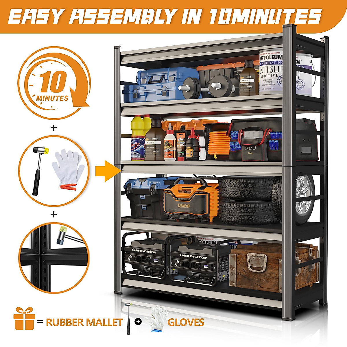 PRESTELION 72" H Garage Shelving Unit-Adjustable 5-Tier Heavy-Duty Metal Storage Rack|3000 lbs Capacity Shelf|Easy Assembly Shelves|Rust-Resistant|Perfect for Garage Basement Workshop Organization