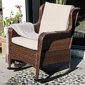 SUNSITT Outdoor Resin Wicker Rocking Chair with Olefin Cushions, Patio Yard Furniture Club Rocker Chair, Brown Wicker & Beige Cushions