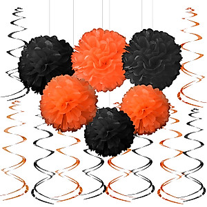 Black Orange Halloween Party Hanging Decorations - Graduation Construction Birthday Baby Shower Party Foil Swirls Tissue Paper Pom Poms Flowers Wedding Party Ceiling Hangings Decorations, 20Ct
