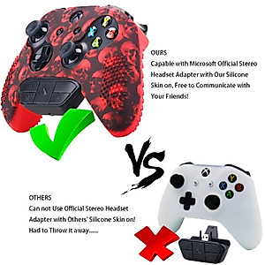 9CDeer Studded Protective Customize Transfer Printing Silicone Cover Skin Sleeve Case + 8 Thumb Grips Analog Caps for Xbox One/S/X Controller Skull Red Compatible with Official Stereo Headset