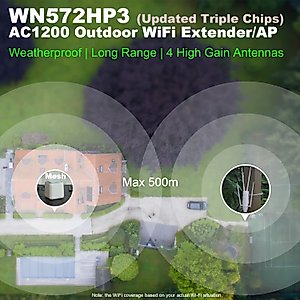 AC1200 Long Range Outdoor WiFi Mesh Extender with Ethernet Port & 4-Antenna, MyMAX WN572HP3 Dual-Band 1200Mbps Weatherproof Outside Access Point/Wireless Repeater/Internet Booster Signal Amplifier