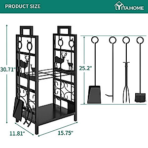 YITAHOME 2.6x1.3ft Firewood Rack Tools Set Wood Log Holder for Fire Place Outdoor Indoor Accessories - 2 Layer Iron with Brush, Shovel, Tong, Hook, Lumber Kit Storage Stacking, Black