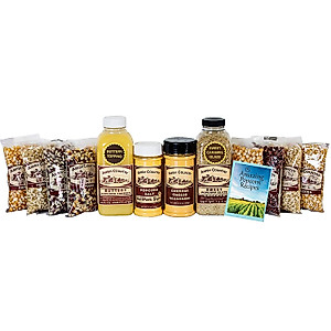 Amish Country Popcorn | 8-4 Ounce Variety Gift Set with Buttery Topping, Sweet Caramel Glaze, Ballpark Salt & Cheddar Cheese Seasoning | Old Fashioned, Non-GMO and Gluten Free