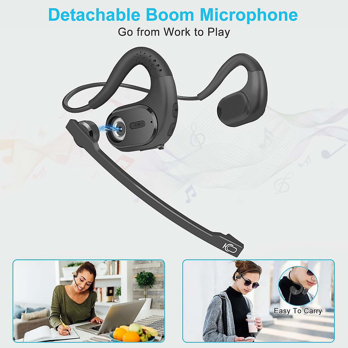 iDIGMALL Bluetooth Headset with Detachable Microphone, Multi-Point Wireless Headset w/DSP Noise Canceling Mic for Phone PC Laptop, Comfort & Light Open Ear headphones for Office Meeting Home Work, 12H