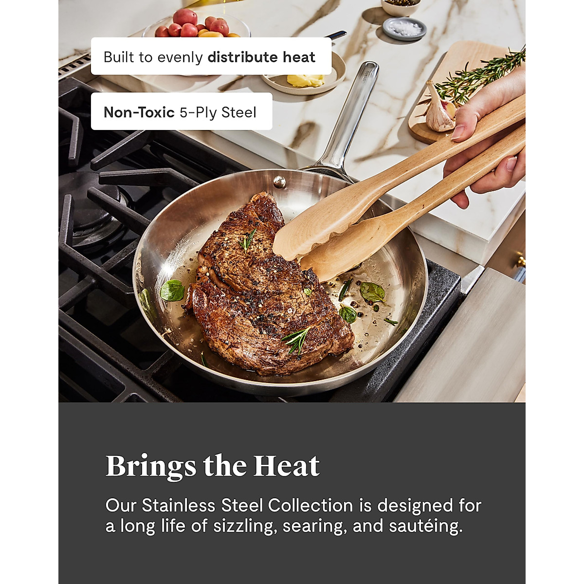 Caraway Stainless Steel Cookware Set (4 Piece) - 5-Ply Stainless Steel Pots & Pans - Includes Fry Pan, Sauce Pan, Sauté Pan, Dutch Oven, & Storage - Non Toxic, PTFE & PFOA Free