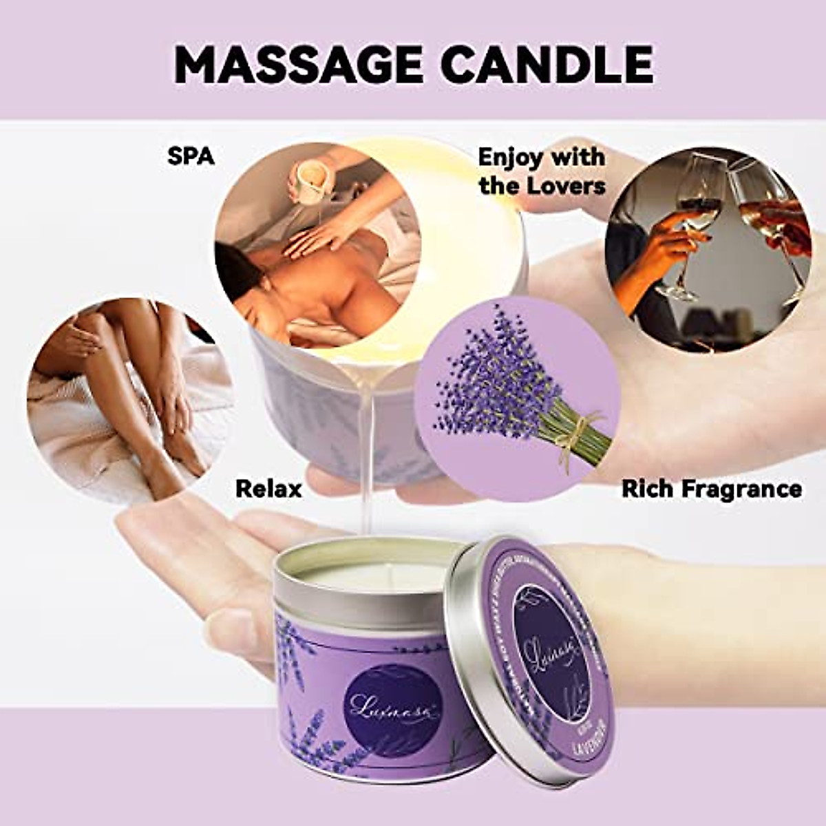 LUXMASA Essential Oil Infused Natural Soy Wax Scented Massage Oil Candle for Home SPA and Relax (Lavender, 6.35OZ)