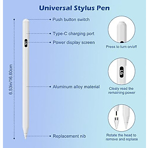MoKo Stylus Pens for Touch Screens, Fast Charge Stylus Pen for Apple iPad/iPhone/Samsung/Lenovo/iOS/Android Tablets&Smart Phone Universal Stylus Capacitive Screen Pencil with Power Display, White