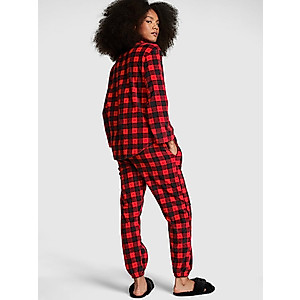 Victoria's Secret PINK Polar Fleece Jogger Pajama Set, PJ Set for Women, 2 Piece Lounge Set PJs, Flannel Pajamas Women, Women's Sleepwear, Red (XL)