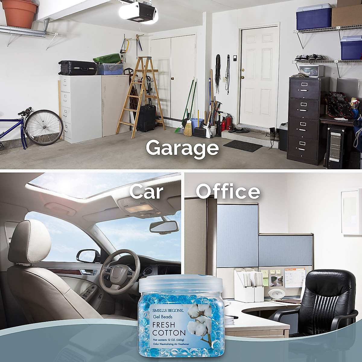 SMELLS BEGONE Odor Eliminator Gel Beads - 12 oz, Pack of 2 - Eliminates Odor in Bathrooms, Cars, Boats, RVs & Pet Areas - Air Freshener - Made with Essential Oils - Fresh Cotton Scent