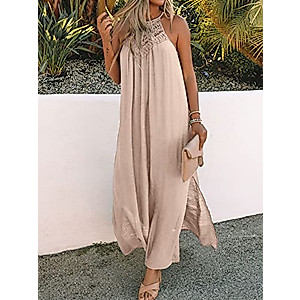 FARORO Womens Long Dress Sleeveless Boho Casual Dresses Lace Casual Halter Gown Split Loose Cover Up Halter Maxi Sundress Apricot