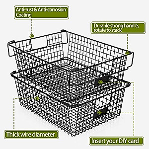 4 Pack [ XXXL Large ] STACKABLE Wire Baskets for Organizing - Pantry Storage and Organization Metal Bins for Produce, Food, Fruit - Kitchen Bathroom Closet Cabinet, Countertop, Under Sink Organizer