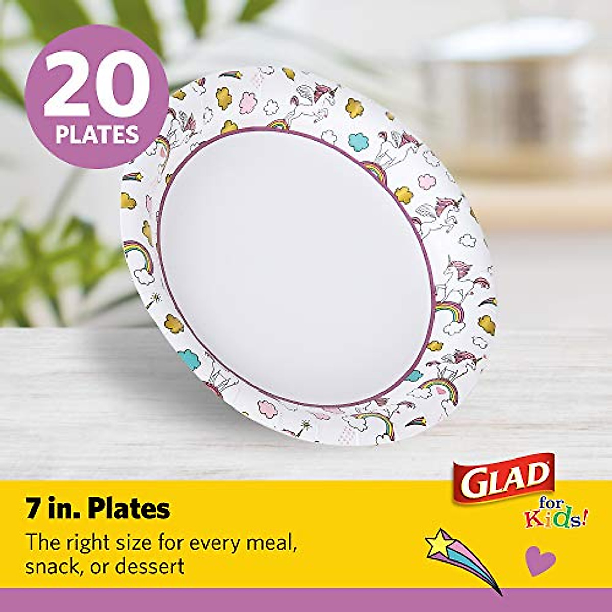 Glad for Kids Paper Plates, Small Round Paper Plates with Cute Designs for Kids Heavy Duty Disposable Soak Proof Microwavable Paper Plates for All Occasions, Unicorns, 7 Inch, 20 Count