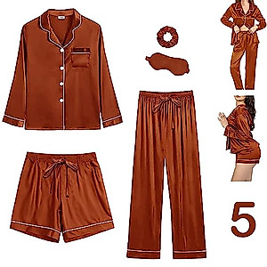 WJing Yi Jia 5Pcs Womens Silk Satin Pajamas Sets Long Pj Sets Button Down Pjs Set Sleepwear
