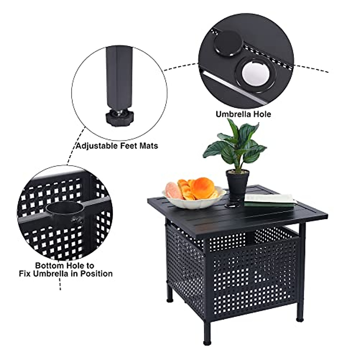 ALUPOM Patio Umbrella Table with 1.6 Inches Hole, Square Metal Patio Bistro Side Table Stand for Pool Garden Backyard,Black