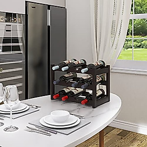 SMIBUY Bamboo Wine Rack, 12 Bottles Display Holder, 3-Tier Free Standing Storage Shelves for Kitchen, Pantry, Cellar, Bar (Dark Brown)