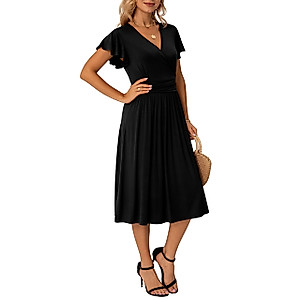 GRECERELLE Summer Dress for Women, Casual Short Sleeve Black Dresses, Wrap V-Neck Party Dress(X-Large, Black)