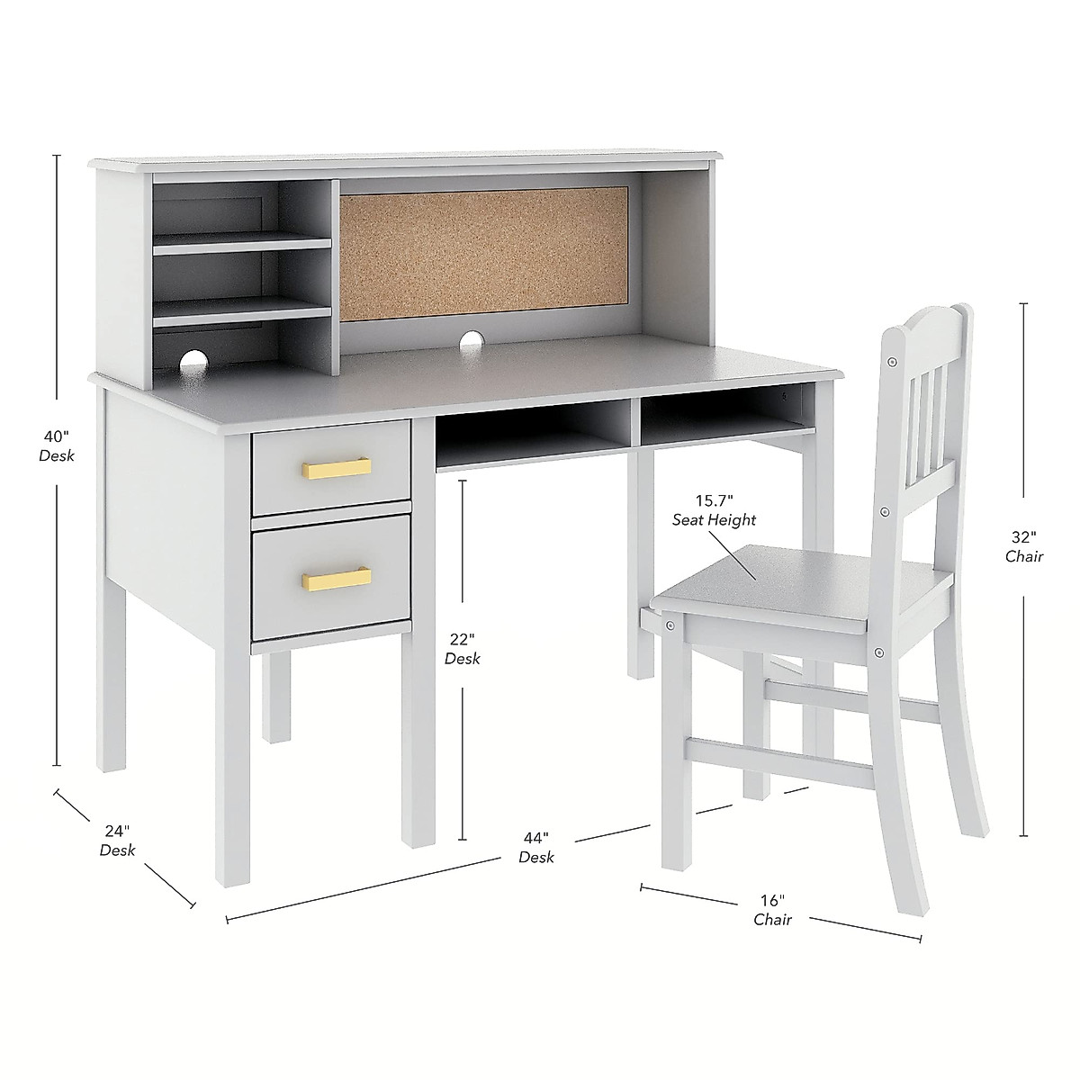 Guidecraft Taiga Desk, Hutch and Chair - Gray: Kids Wooden Computer Study Desk Set with Storage Shelves, Corkboard, and Drawers |Children's Bedroom Activity Table