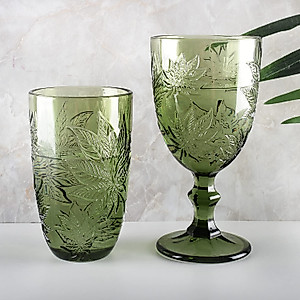 SANHECUN Wine Glasses Set Embossed Vintage Style Goblets 10 oz Green Set of 4(4, Wine Goblet 10 oz)