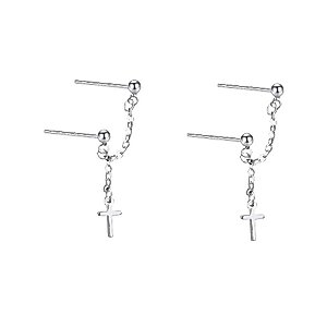 Chain Cross Two Holes Tiny Ball Stud Earrings for Women Dainty 925 Sterling Silver Small Cute Threader Tassel Cartilage Drop Dangle Double Piercing Hypoallergenic Gifts for Bff Daughter