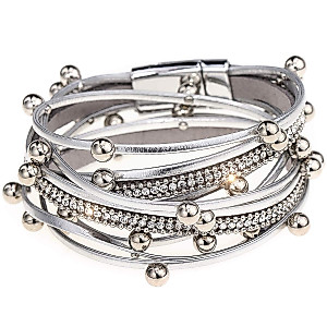 Suyi Women Wrap Bracelet Multilayered Leather Braided Bangle Wrist Cuff Bangles with Magnetic Buckle Silver1