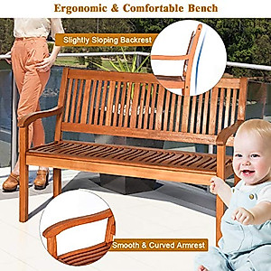 Tangkula Outdoor Wood Bench, Two Person Solid Wood Garden Bench w/Curved Backrest and Wide Armrest, Large Bench for Patio Porch Poolside Balcony, 50" L x 25" W x 36" H (Natural)