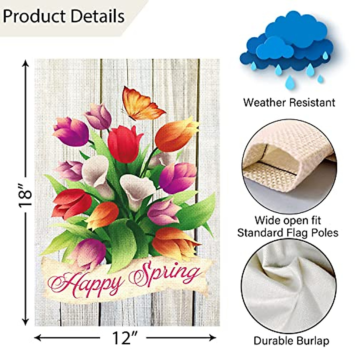 Louise Maelys Happy Spring Garden Flag 12x18 Double Sided, Burlap Small Vertical Floral Flower Garden Yard Flags for Seasonal Outside Outdoor House Decoration (ONLY FLAG)