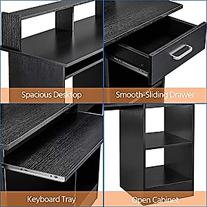 Yaheetech Home Office Wood Computer Desk with Drawers and Pull-Out Keyboard Tray, Study Writing Desk PC Laptop Table with Hutch and Storage Shelves, Modern Workstation, Black