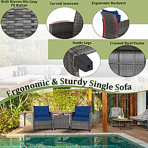 RELAX4LIFE Wicker Patio Furniture Sets - 3 Pieces Patio Rattan Sofa Set, Outdoor Conversation Set with Tempered Glass Tabletop, Heavy-Duty Steel Frame, Wicker Chair Set for Poolside, Backyard, Navy
