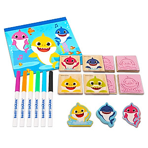 Pink Fong Baby Shark Baby Shark Stamper Set for Kids - Baby Shark Arts and Crafts Bundle with Stampers, Ink Pad, Markers, and Sketchbook Plus Stickers (Baby Shark Stamps)