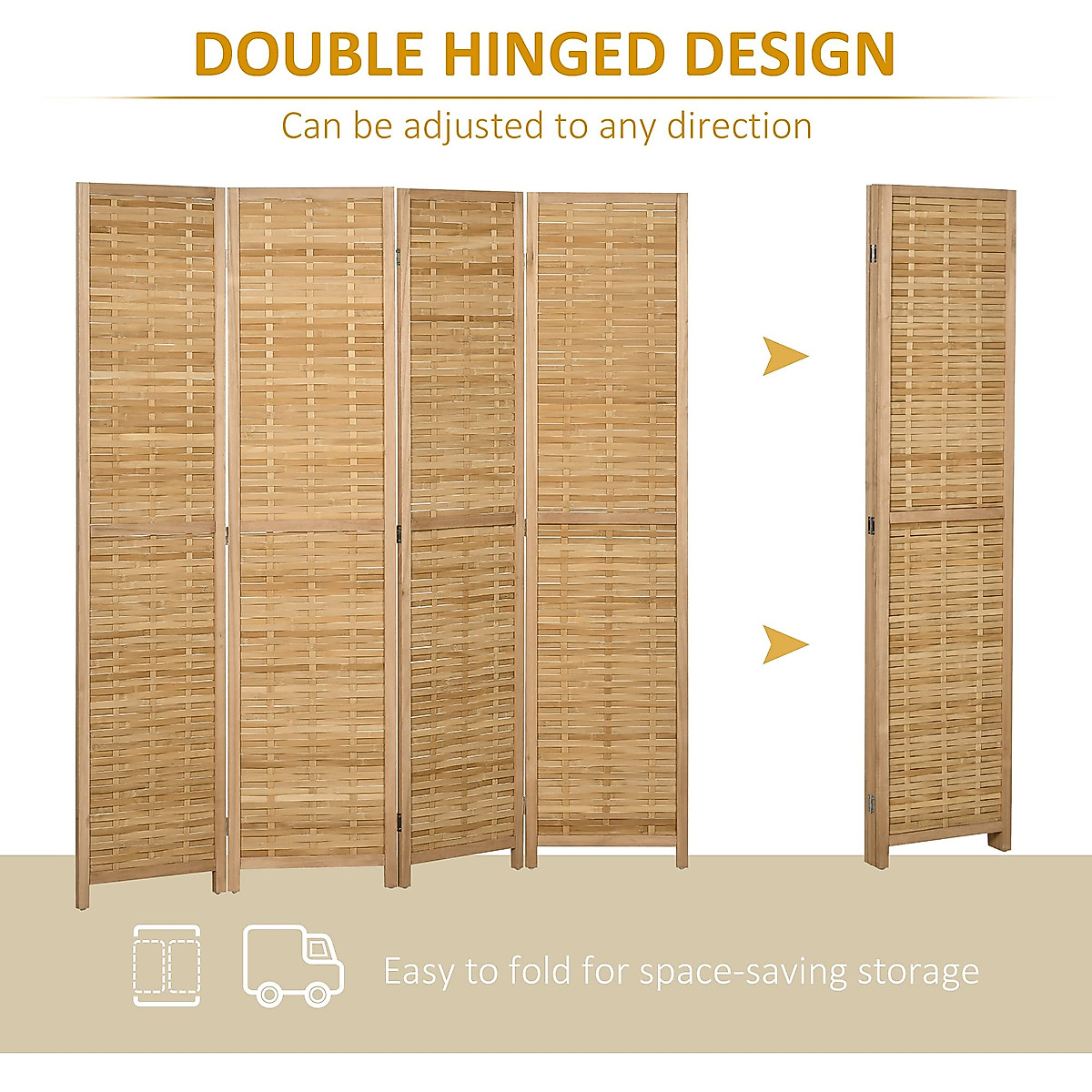 HOMCOM 4 Panel Room Divider, 5.5' Tall Bamboo Portable Folding Privacy Screens, Hand-Woven Double Side Partition Wall Dividers for Home Office, Natural